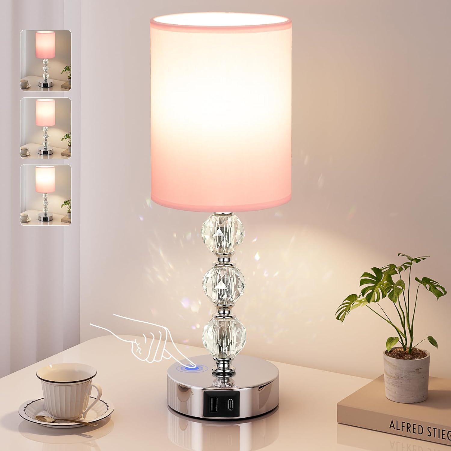 Aooshine Touch Table Lamp, Crystal Pink Bedside Lamps with 3 Way ...