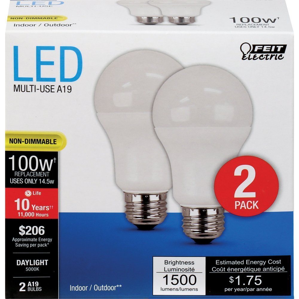 Feit Electric A19 LED Light Bulbs, 100W Equivalent, Non Dimmable, 1600 ...