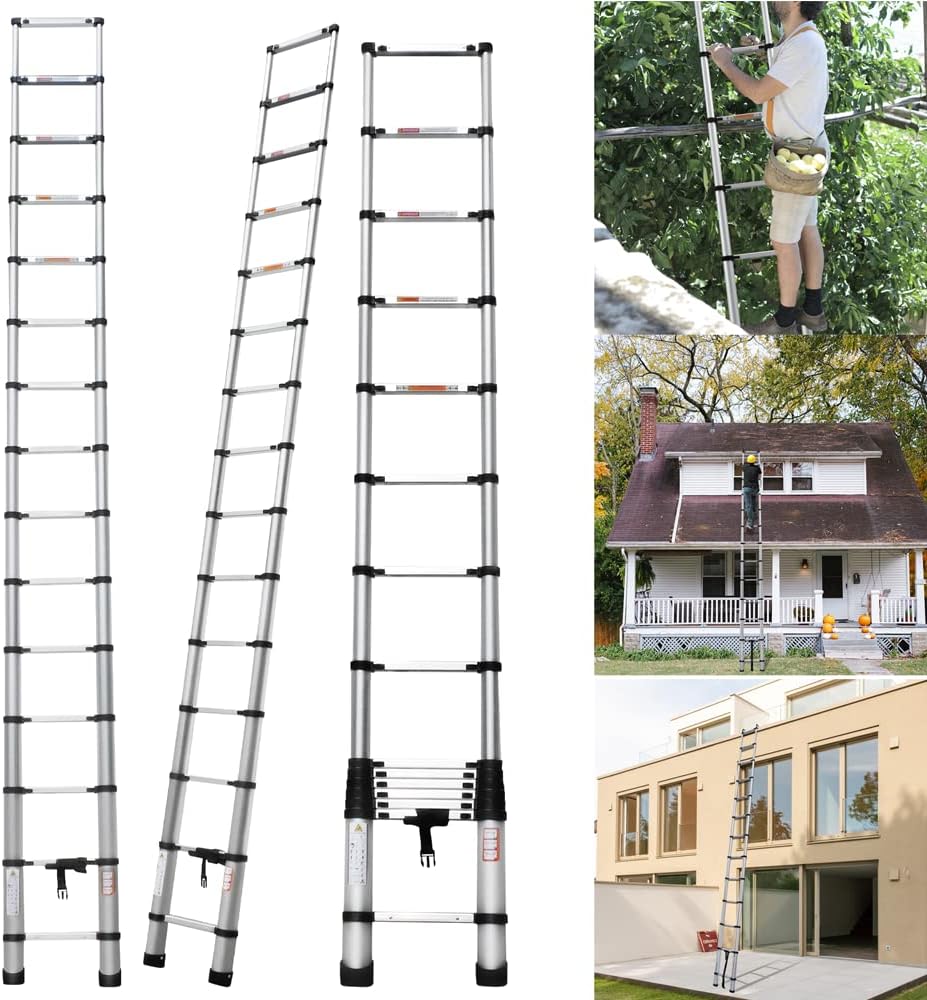 4.4M/14.4FT Telescopic Ladder Loft Ladder with 2 Detachable Hooks ...