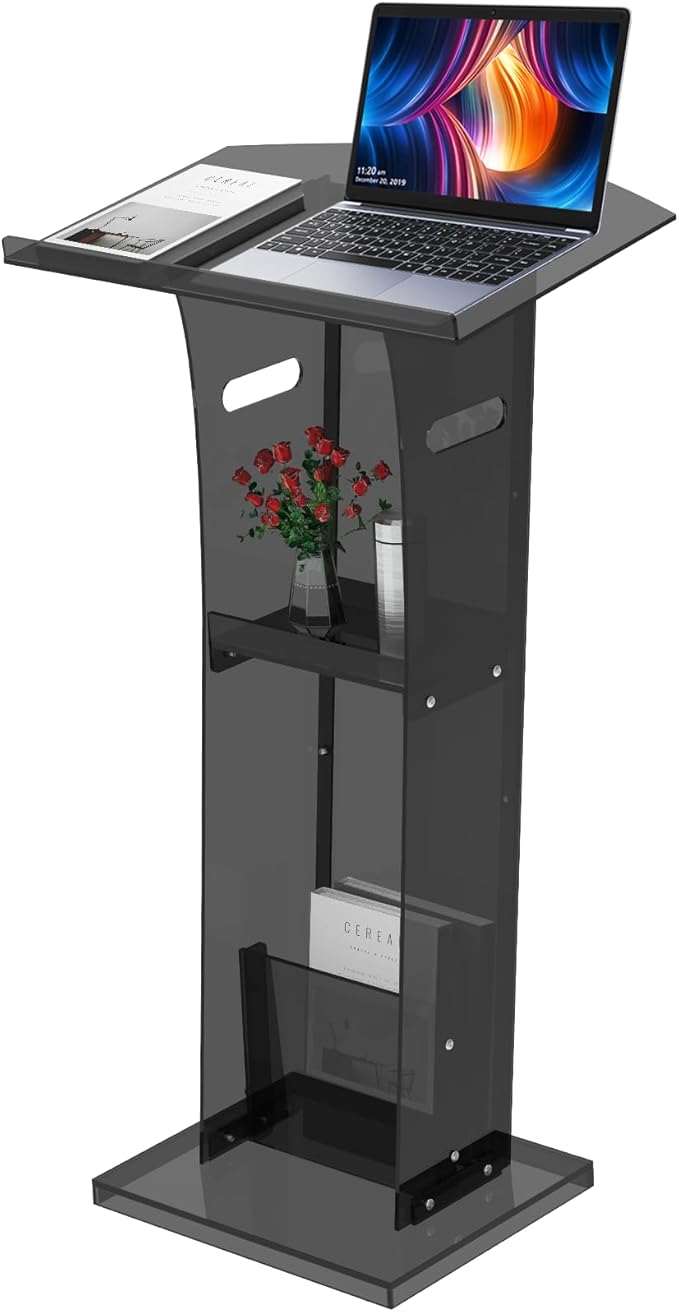KSacry Acrylic Clear Black Podium Stand with Storage Shelf,Plexiglass ...
