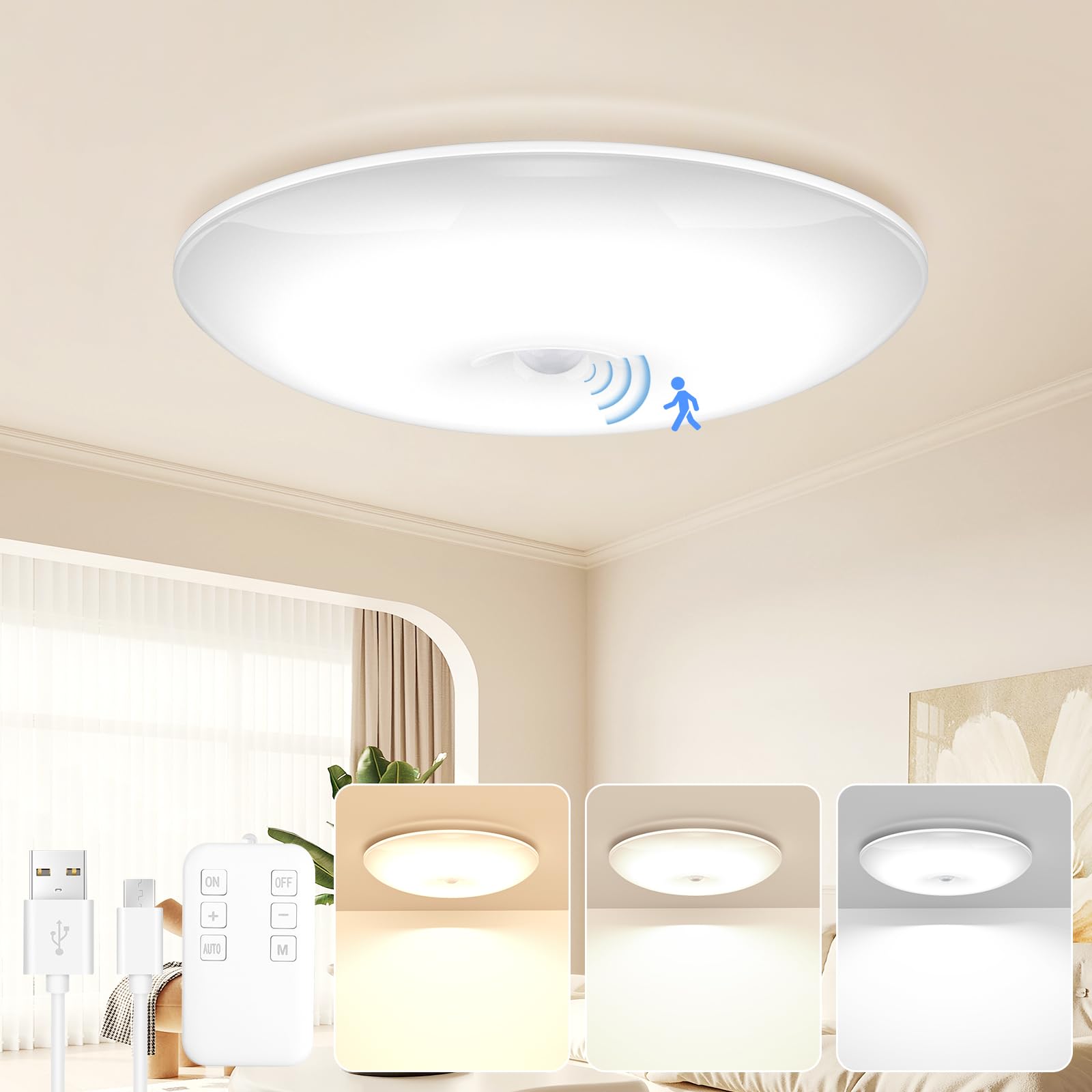 Battery Ceiling Light with Motion Sensor Indoor, USB Rechargeable ...