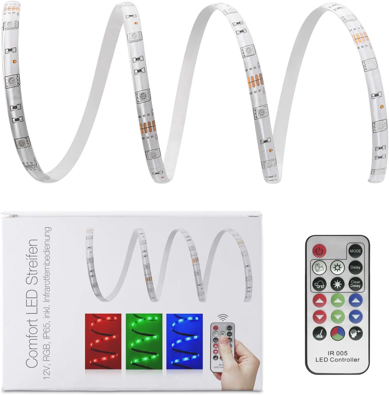 12 metre Set: RGB LED Strip (12 m, 30 LED/m, IP65) with Controller, 17 ...