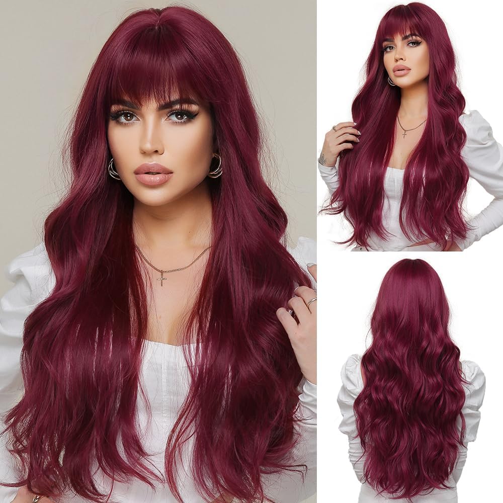 OUFEI Long Wavy Wine Red Wigs for Women Natural Synthetic Hair Heat ...