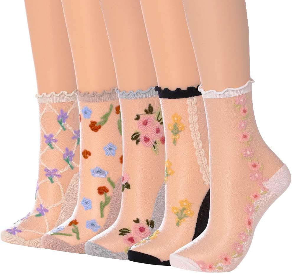 Amazon.com: Campsis Women Sheer Socks Ruffle Sheer Ankle Socks Flower ...