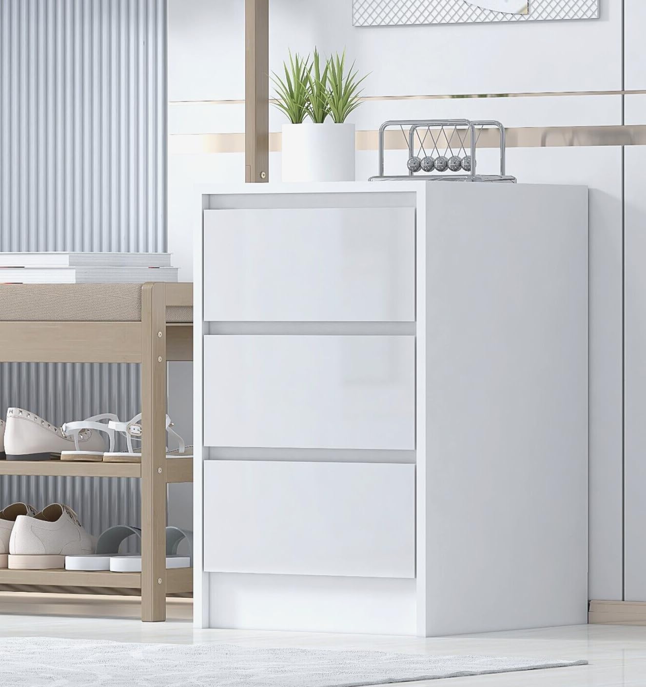 High Gloss Bedside Cabinet Unit Modern Handleless Design - H 64cm X W 40cm x D 43cm (White ...