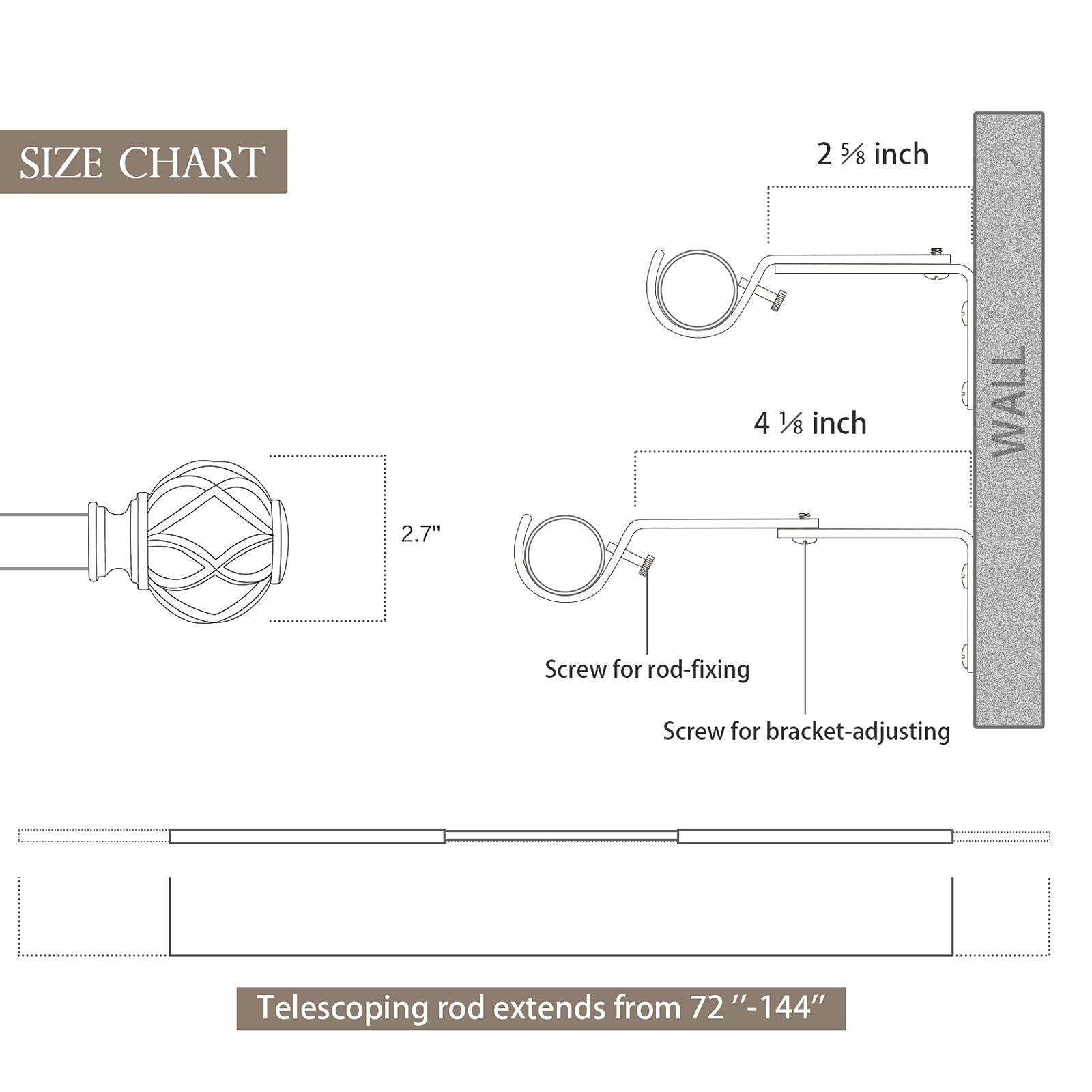 KAMANINA 1 Inch Curtain Rod Telescoping Single Drapery Rod 72 to 144 ...