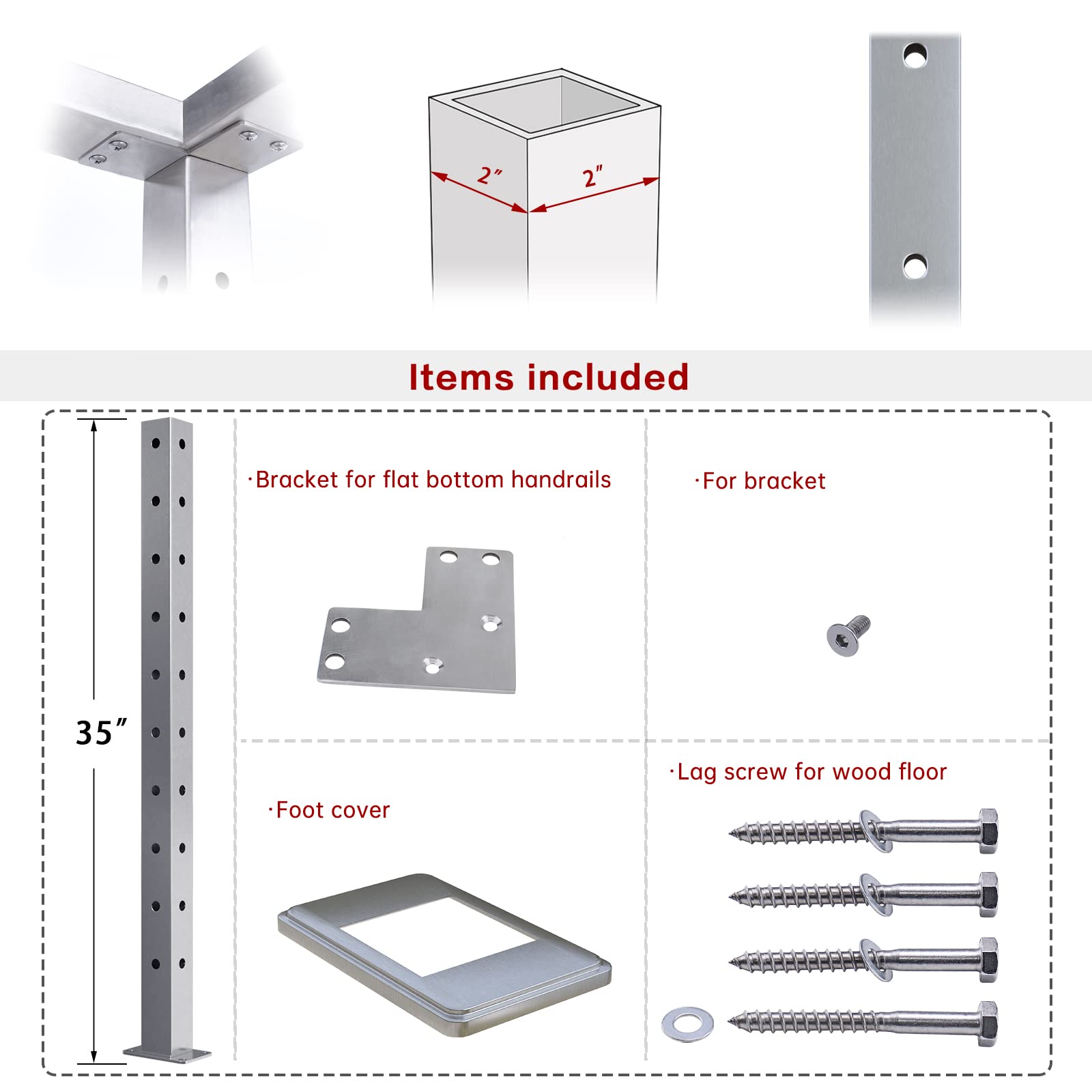 Muzata Cable Railing Corner Post Square Weldless Flat top 36"x2"x2 ...