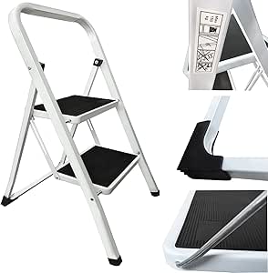 2 Step Ladder, Portable Foldable 2 Step Steel Ladder Non Slip Tread ...