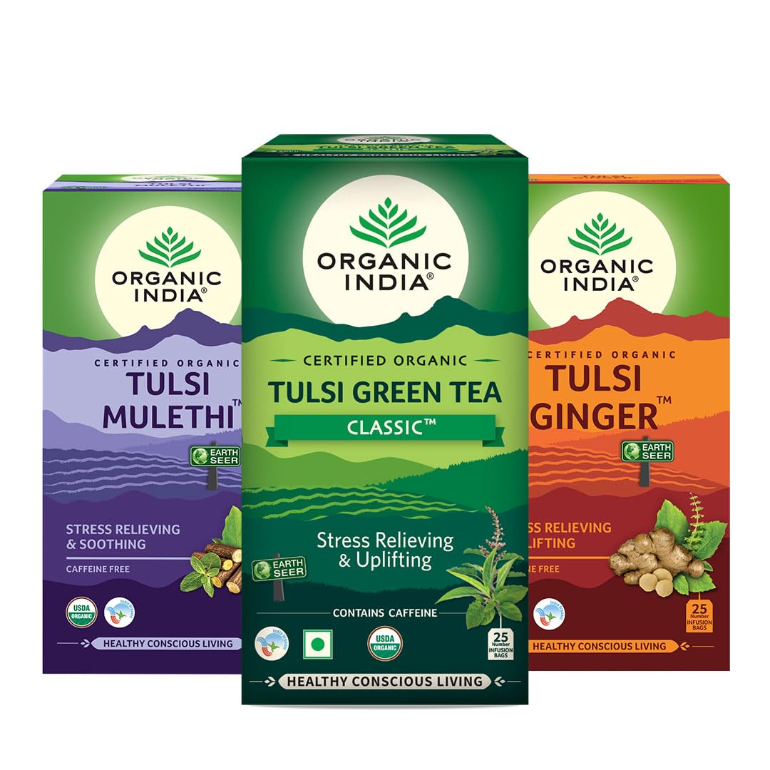 Organic India Tulsi Ginger, Tulsi Mulethi & Green Tea Classic Combo Pack ( 25 Tea Bag Each ...