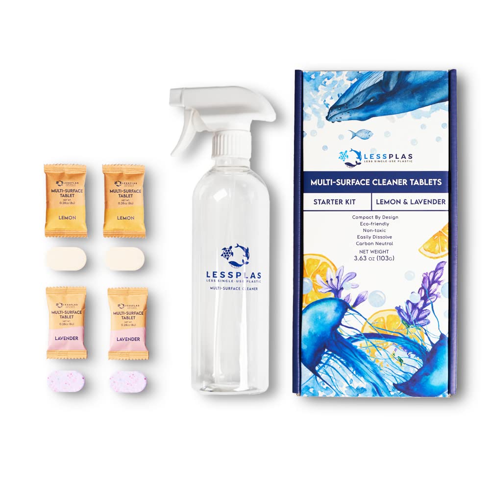 Lessplas Multi-Surface Cleaner Starter Kit ( 1 Reusable Spray Bottle, 4 ...