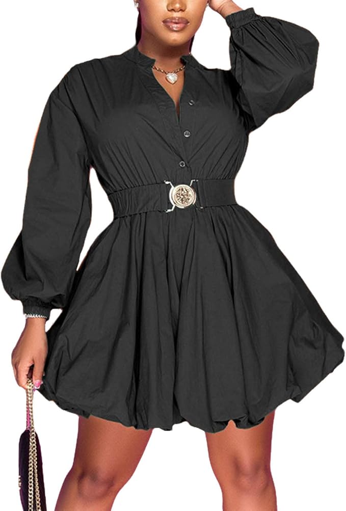 Uni Clau Womens Button Down Shirt Dress Long Sleeve A-Line Casual Puffy ...