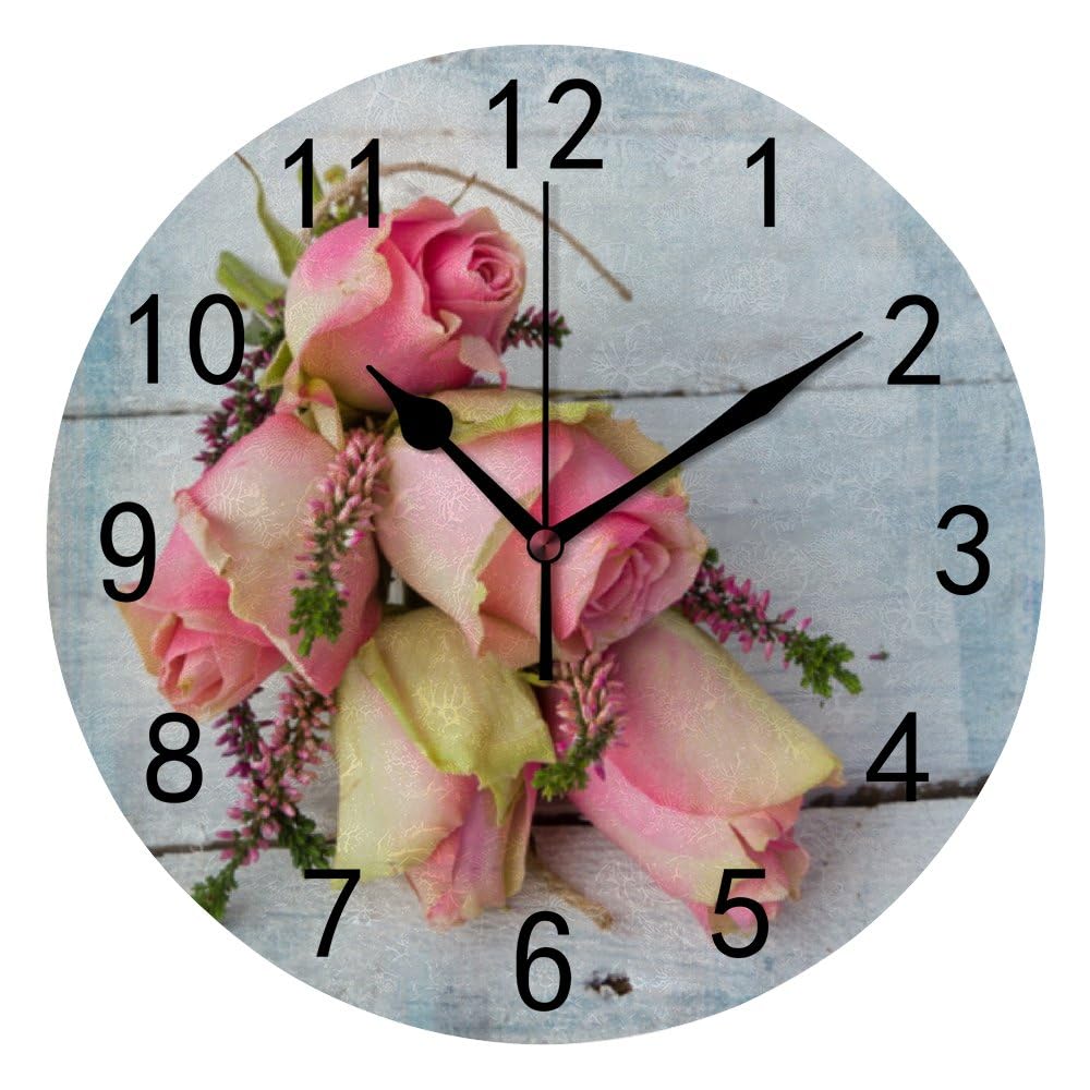 Amazon.com: Wall Clock for Living Room Decor Pastel Pink Roses PVC 9.8 ...
