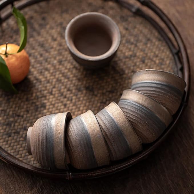 Amazon.com | (Set of 6)Handmade Small Clay Pottery Teacup Set Japanese ...