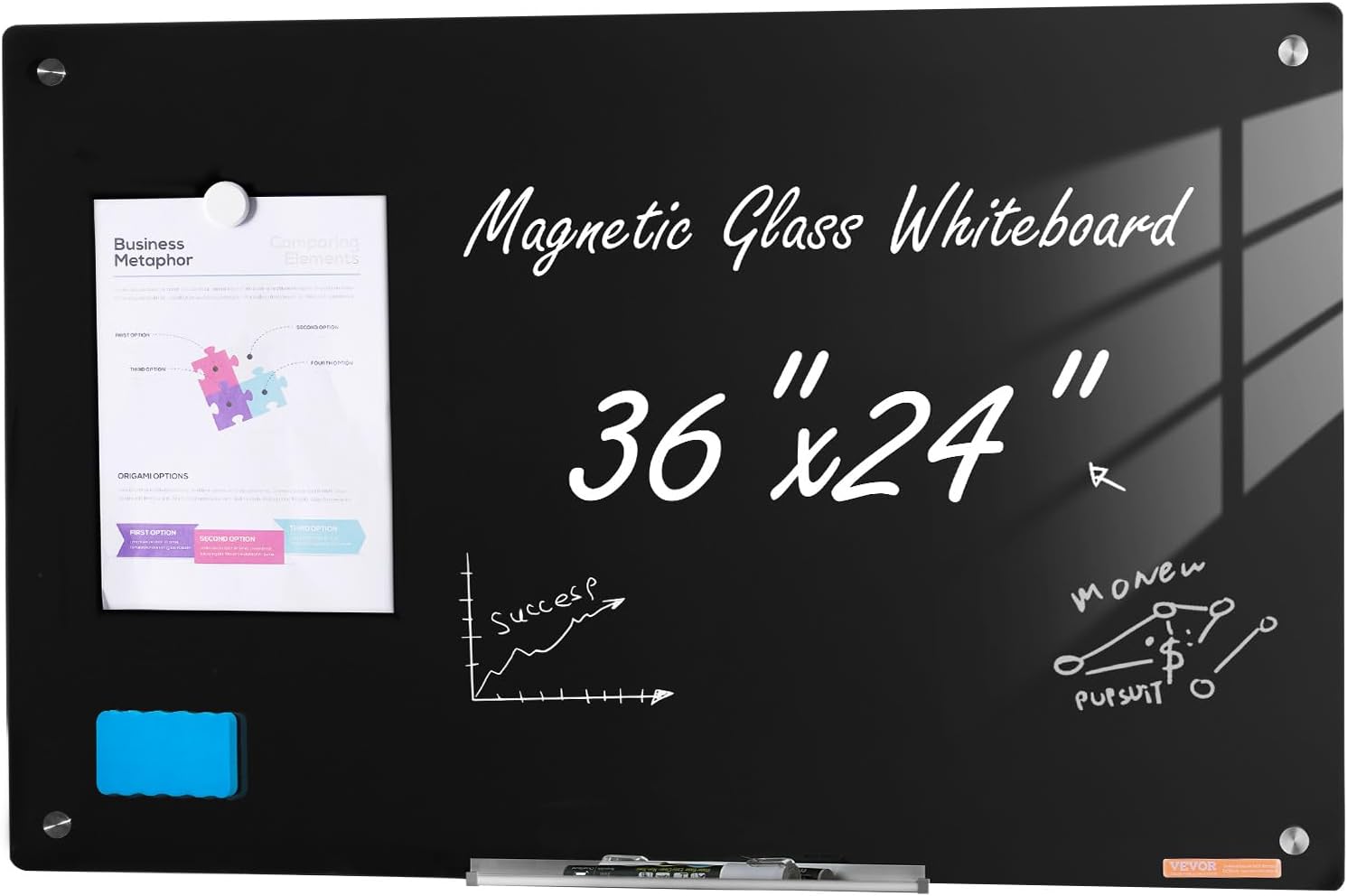 VEVOR Magnetic Glass Whiteboard, Dry Erase Board 36"x24", Wall-Mounted Large White Glassboard ...