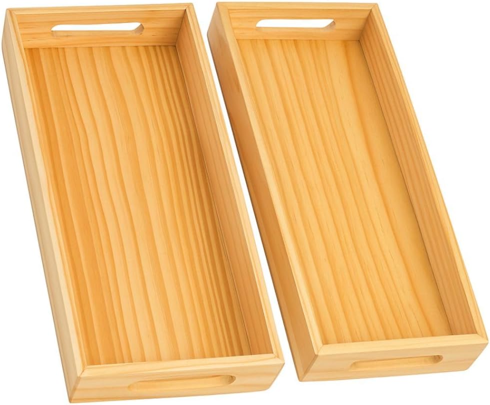 Wooden Tray Set of 2 – Rectangular Pine Wood Serving Trays with Handles ...