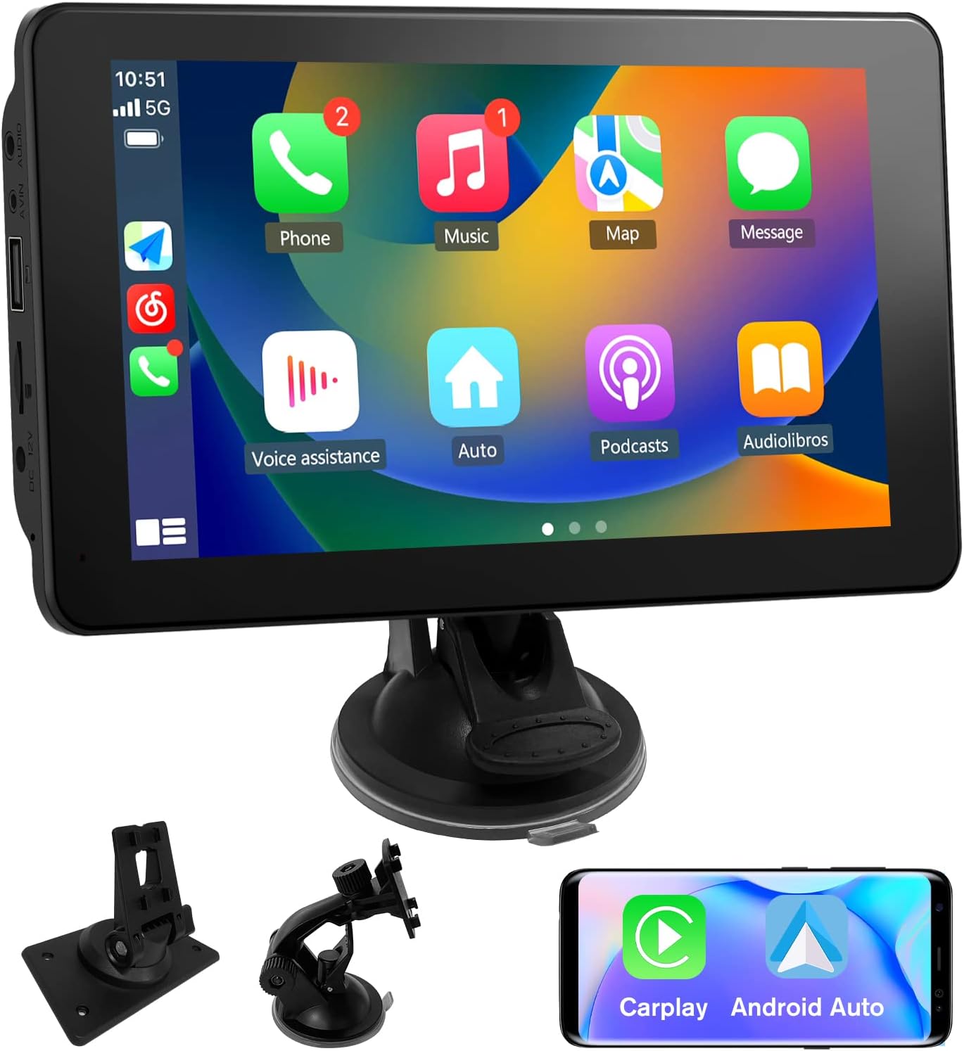 Apple CarPlay Android Auto Display Screen Portable Dash Mount Wireless ...