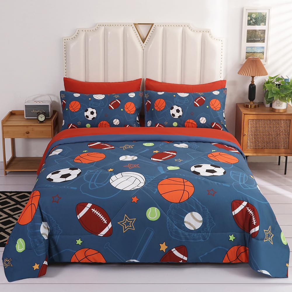 Amazon.com: lwfushi Sports Comforter Set Blue Ball Bedding Set Full ...