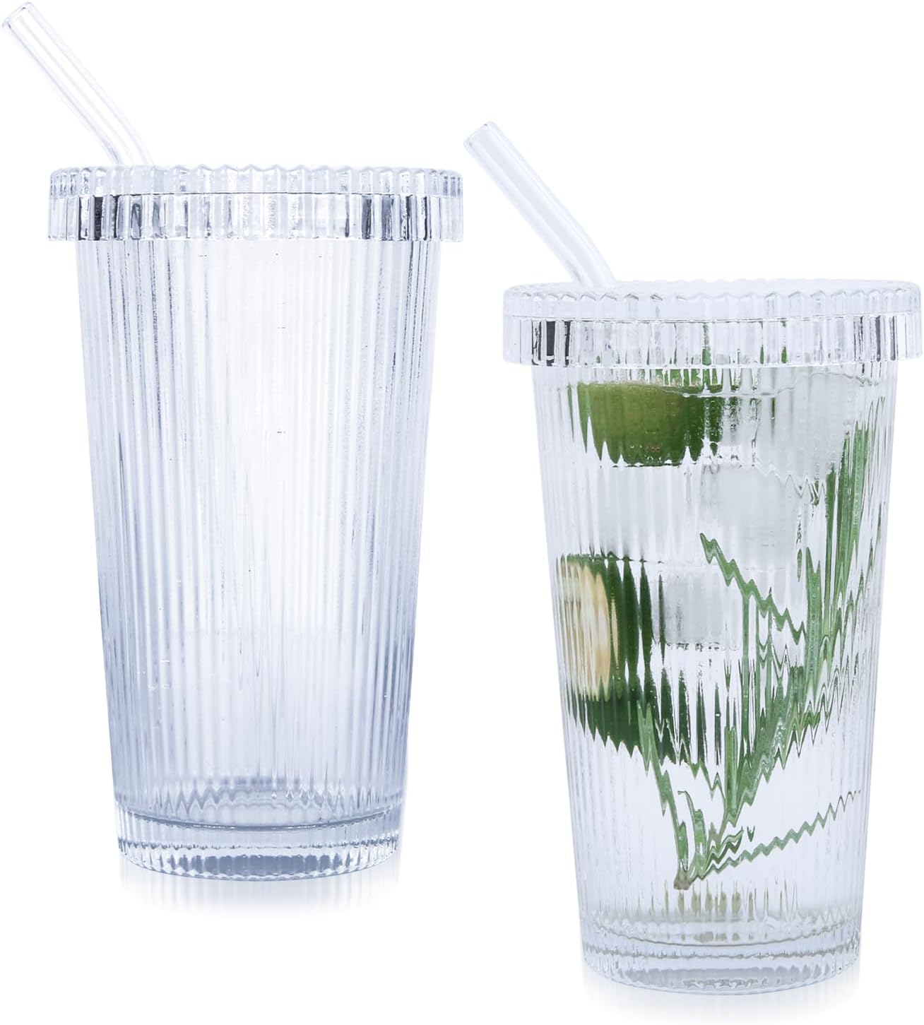 Iceten 2Pcs 375ML Ribbed Clear Glass Cups, Cold Coffee Cup with Lids ...