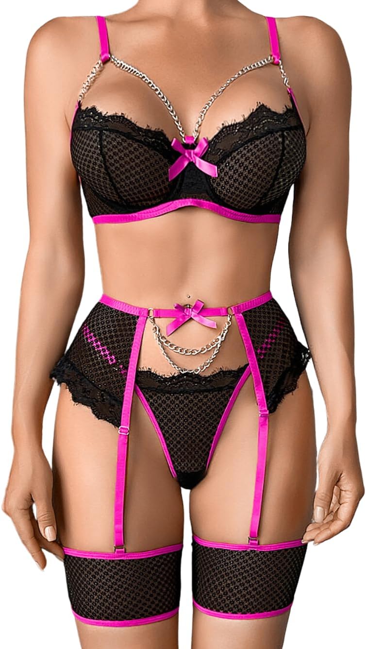 Amazon.com: Kaei&Shi Garter Belt Lingerie Set,Underwire Chain Sheer Sexy Fishnet Lingerie,High ...