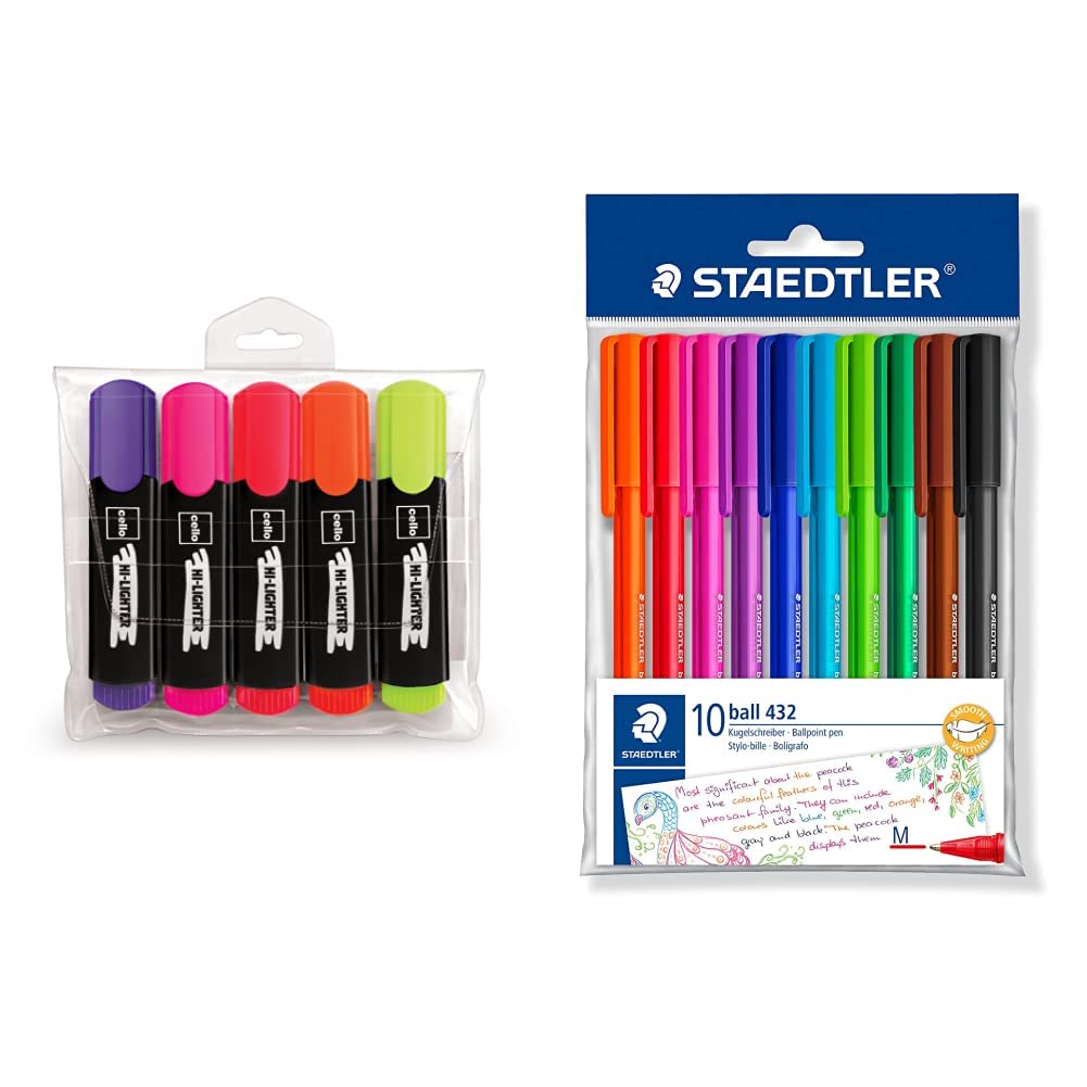 Cello Hi-Lighter (Pack Of 5, Vivid Colors - Yellow, Pink, Peach, Orange ...