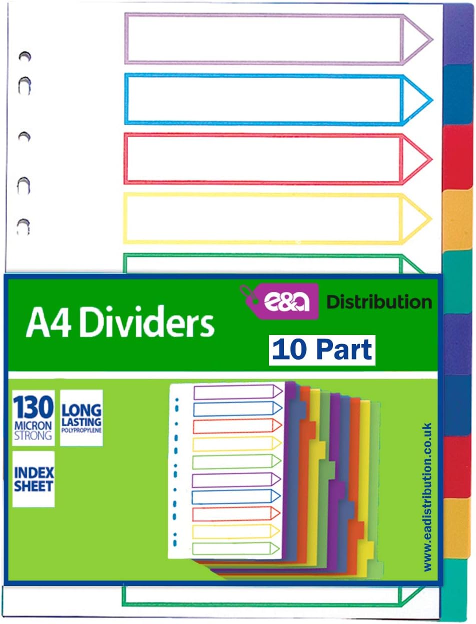 A4 File Dividers Plastic Coloured Tabs Subject Filing Numbered A-Z (10 ...