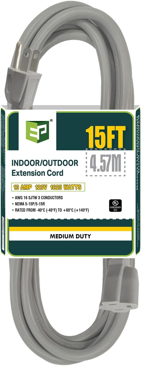 Amazon.com: EP 15 Ft Outdoor Extension Cord - 16/3 SJTW Gray Electrical ...