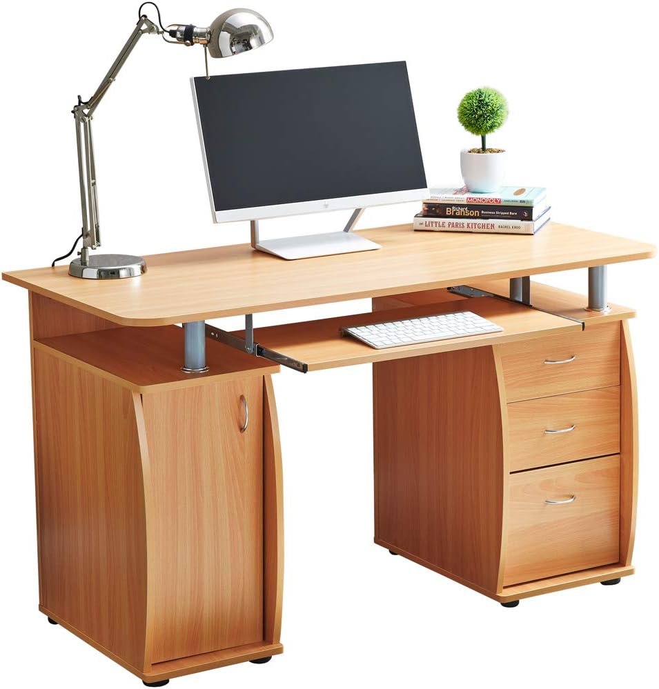 RayGar Beech Deluxe Design Computer Desk With Cabinet and 3 Drawers For ...