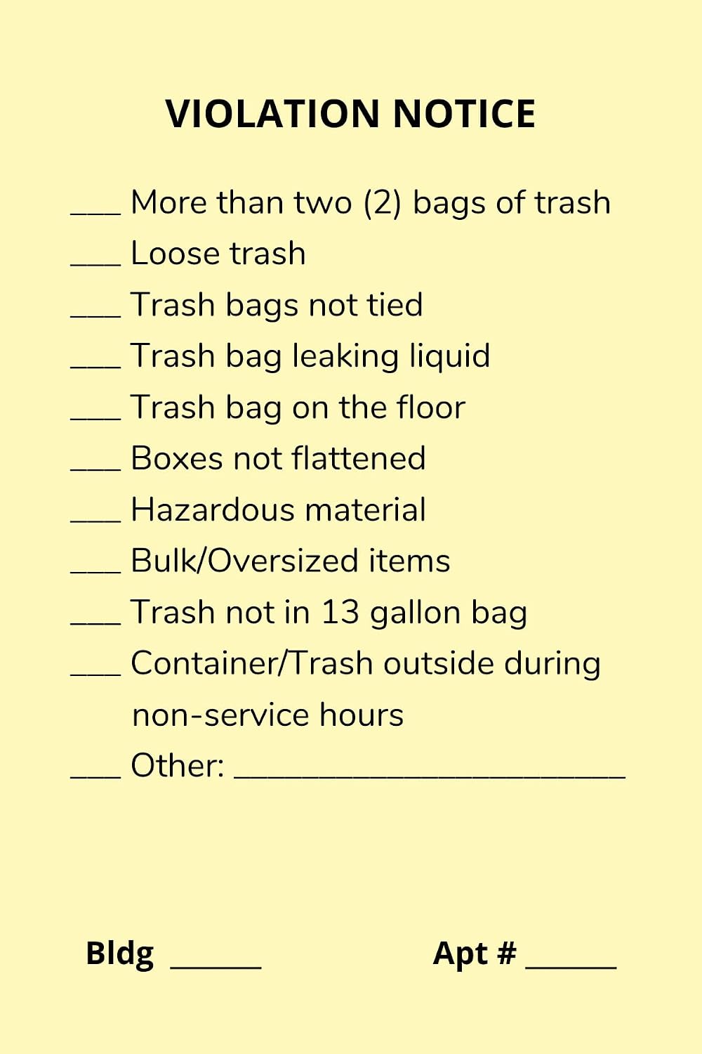 Amazon.com: 50-Sheet 4x6 Yellow Trash Violation Notice for Apartments ...