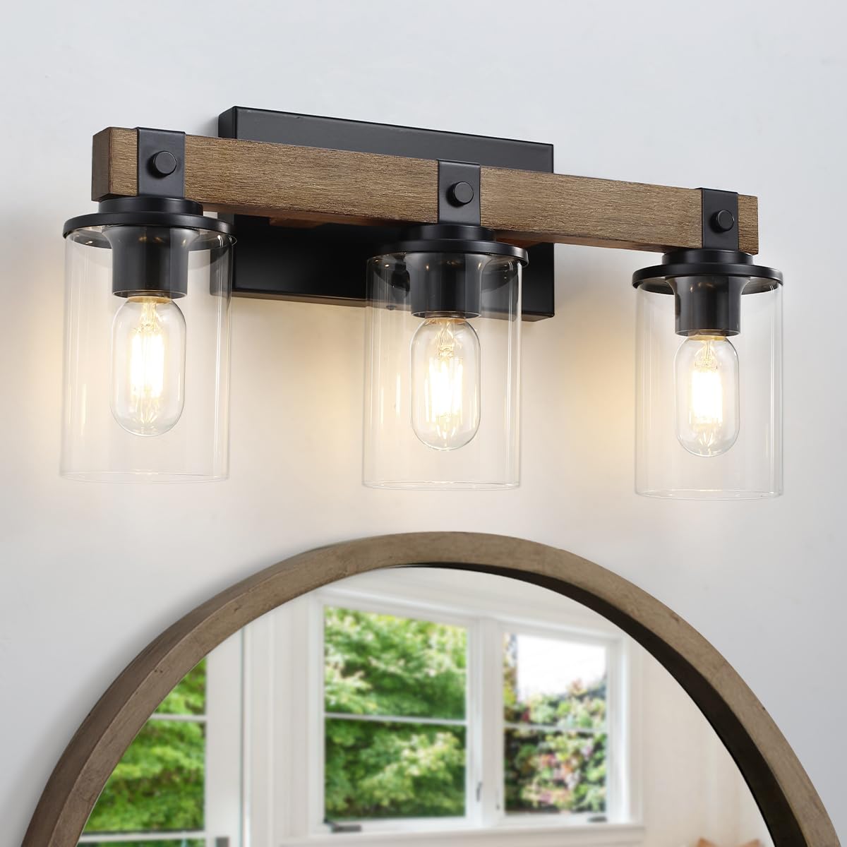 Farmhouse Wood Vanity Light, 3-Light Rustic Bathroom Light Fixtures ...