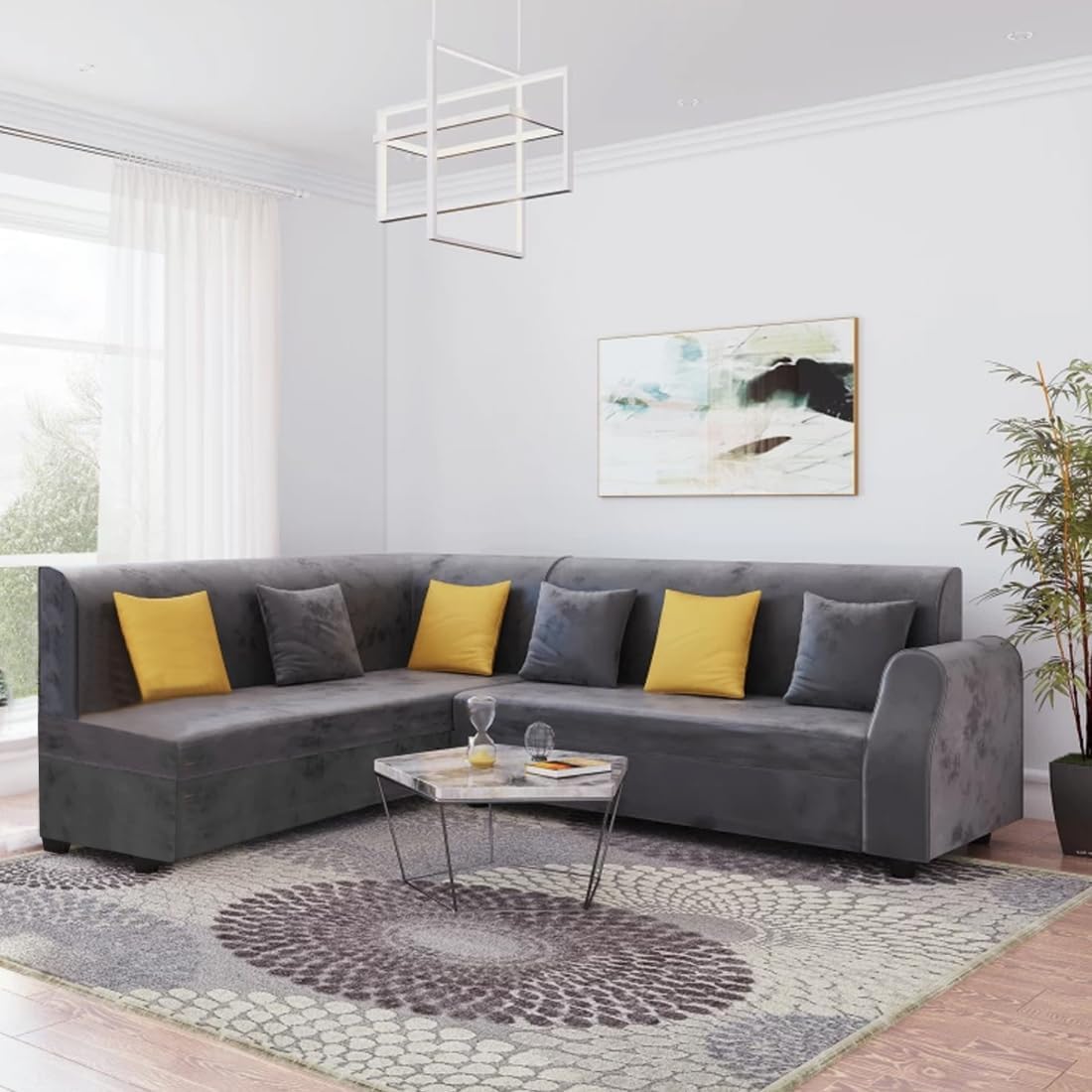 Sleepify Merold 6 Seater Fabric LHS Sectional L Shape Sofa Set (Grey ...