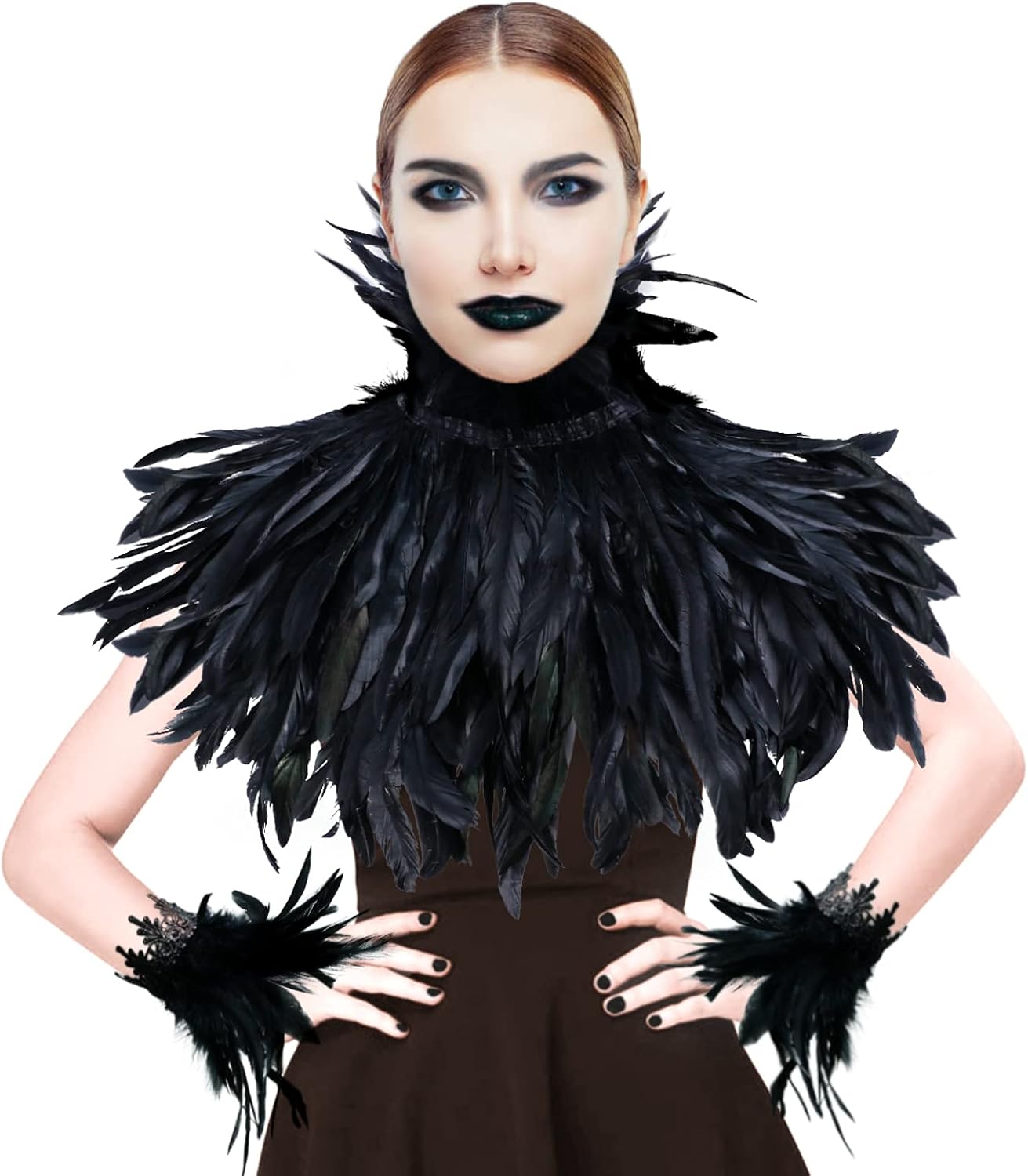Gothic Real Black Feather Cape Shawl Shoulder Wings Choker Collar with ...