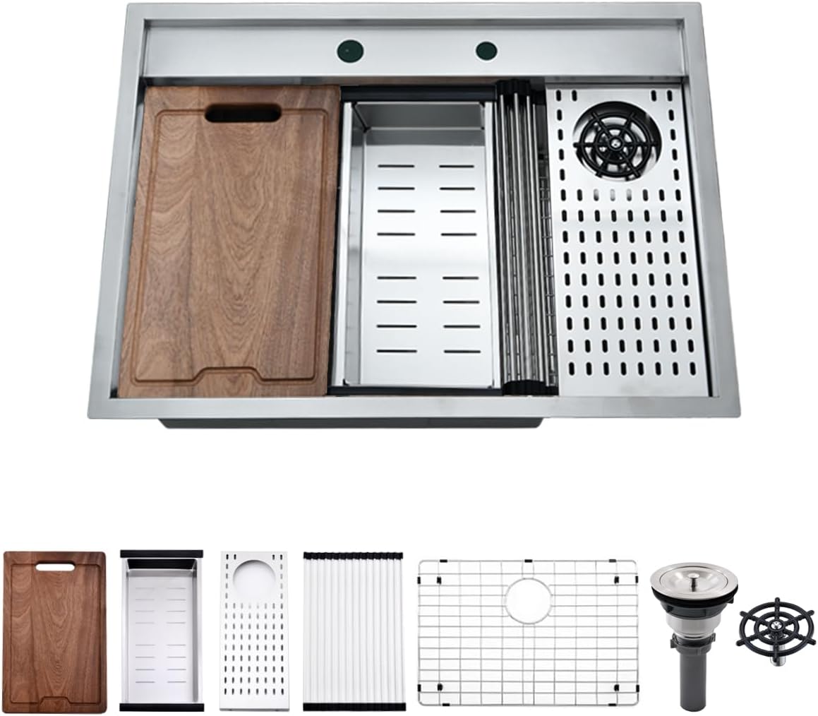 28 Inch Drop In Kitchen Sink with Glass Rinser Workstation-VOKIM 28x22 ...
