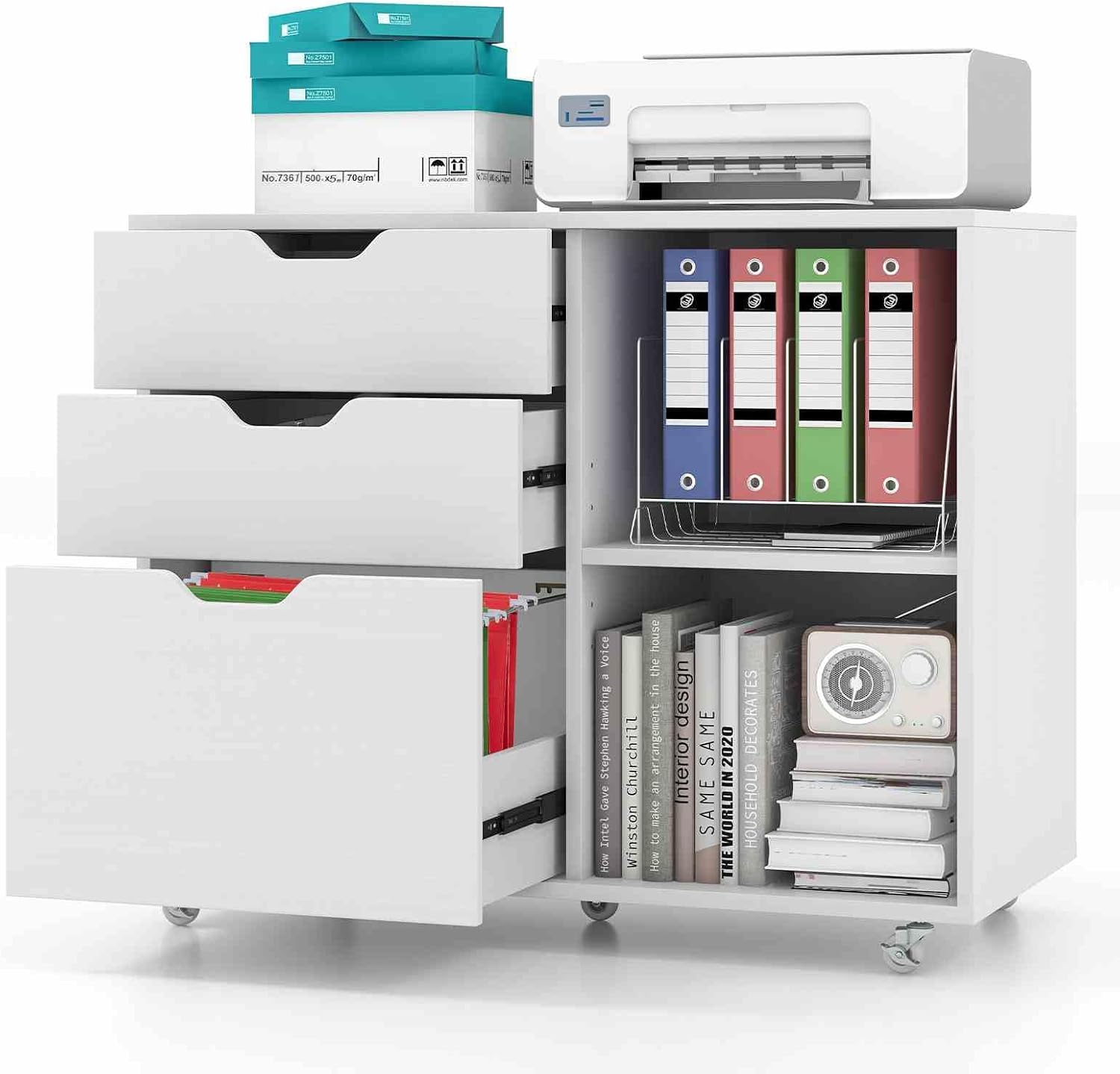 Costway Mobile File Cabinet, 3-Drawer Lateral Filing Cabinet Fits Files ...