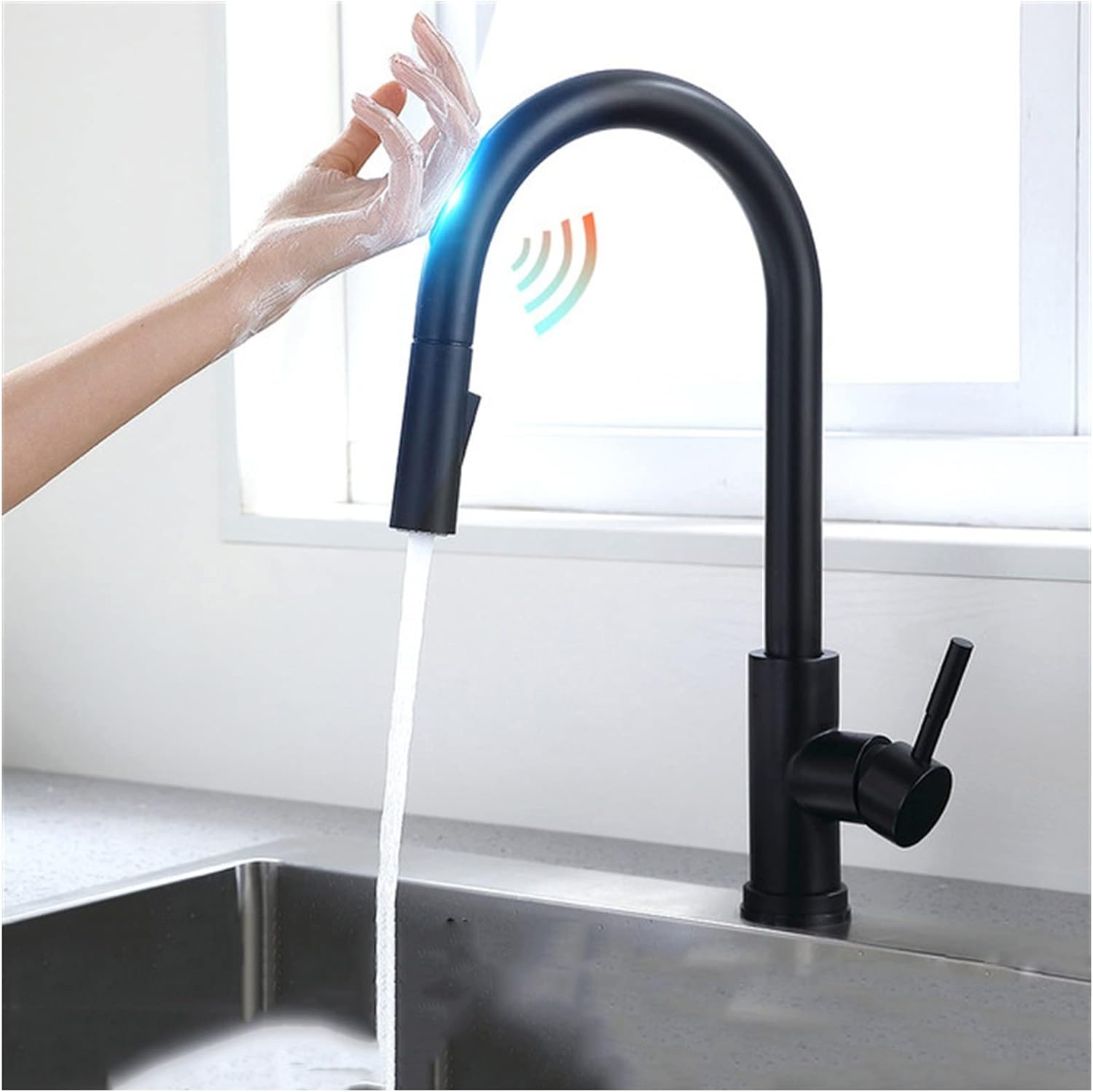 Black Touchless Kitchen Faucet with Pull Down Sprayer,Stainless Steel ...