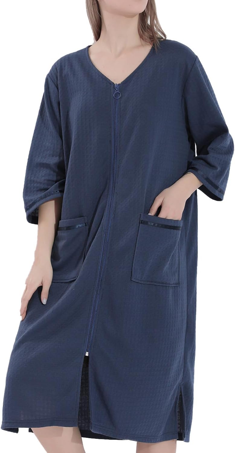 Women's Zip Up Housecoat Zipper Front Robe Lightweight Bathrobe Short ...