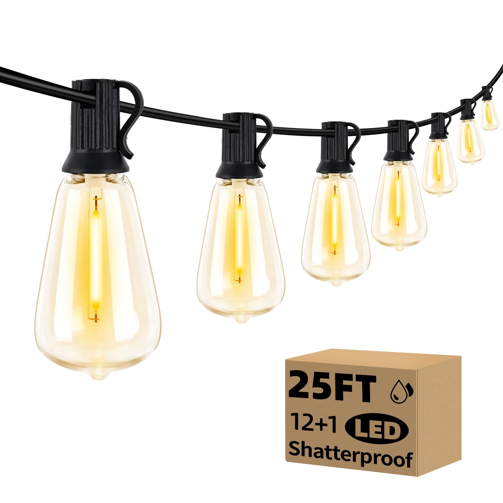 25FT Outdoor String Lights with 12+1 LED Edison Bulbs Dimmable ...