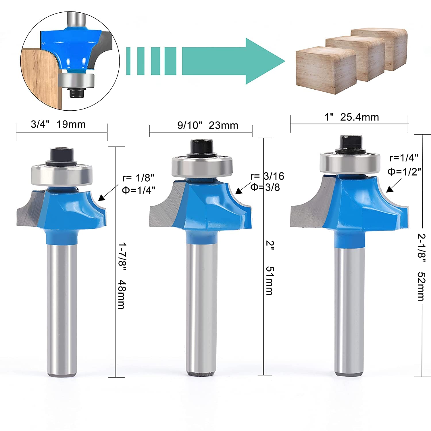 Snapklik.com : 3Pcs Roundover Router Bit Set 1/4 Inch Shank, Carbide ...