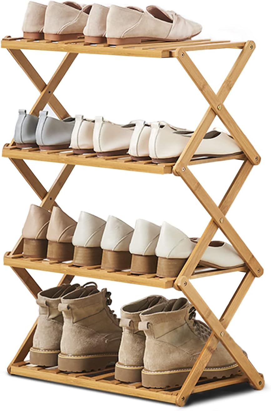 Amazon.com: FEUFOAM Bamboo Shoe Rack 3 Tier Foldable Shoe Racks Multi ...
