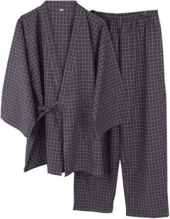 thefancypumpkin Men's Japanese Style Robes Cotton Kimono Pajamas Suit Dressing Gown Set-#E Brown ...