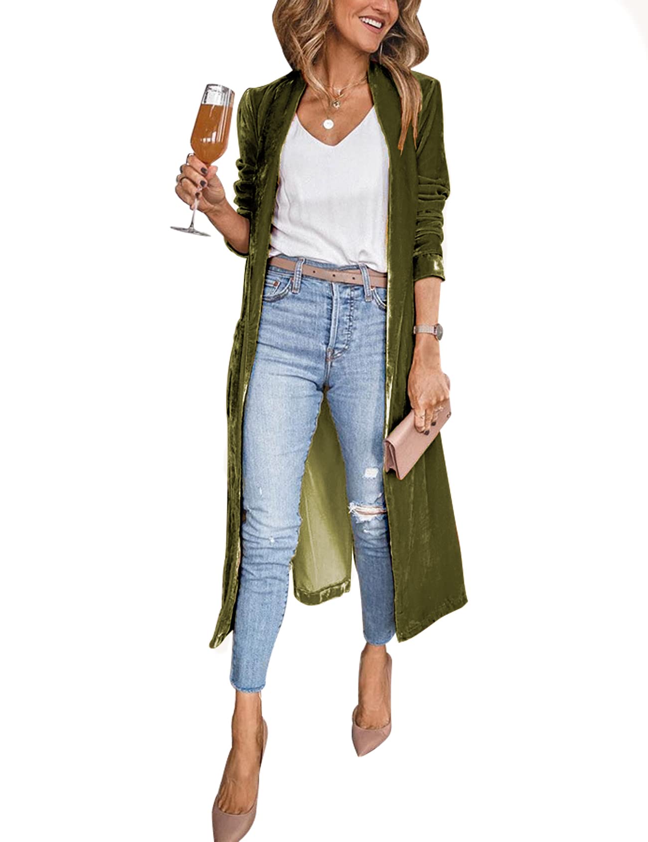 Arssm Women's Long Velvet Cardigan Jacket Lapel Collar Open Front ...