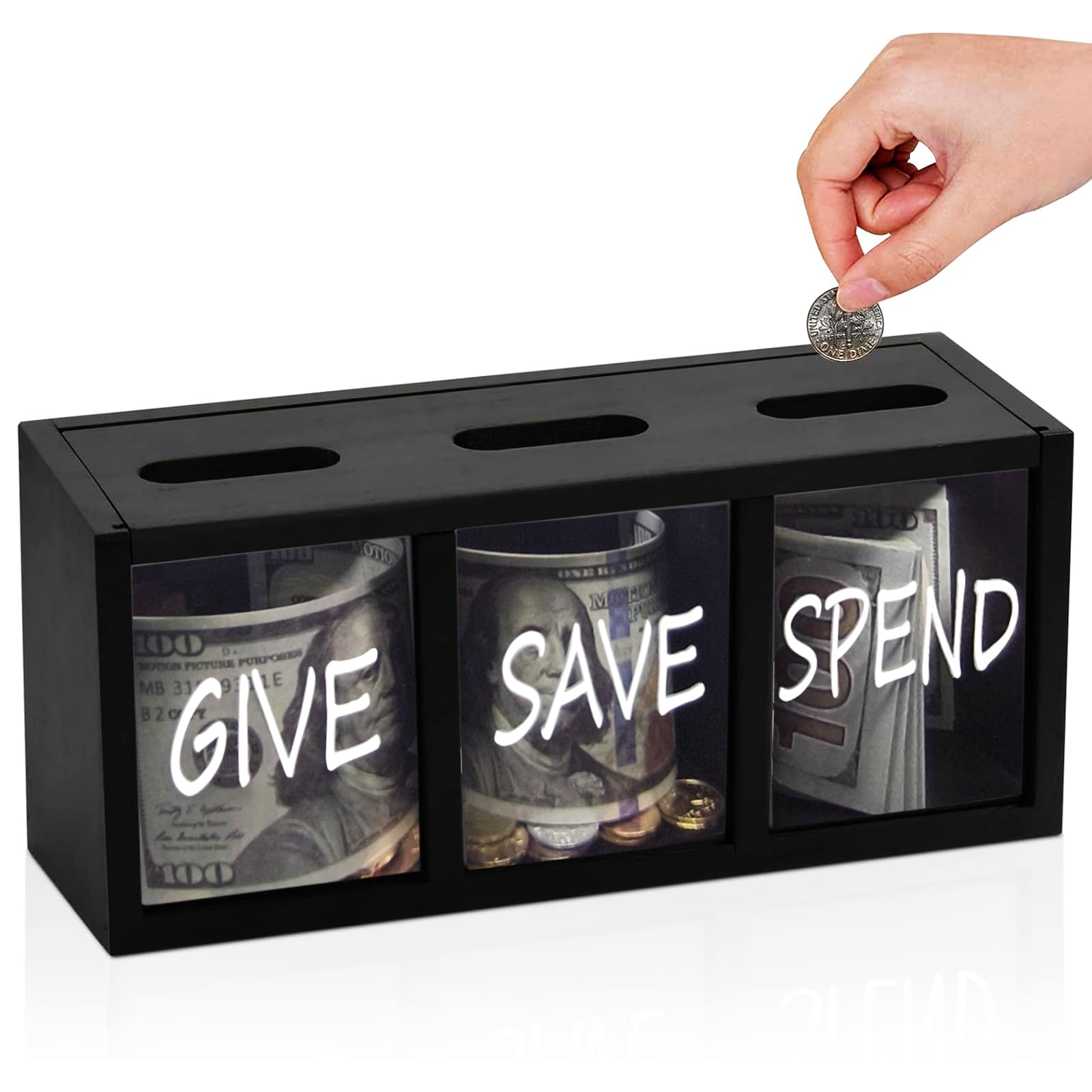 Amazon.com: Spend Save Give Money Saving Box – Wooden Piggy Bank for ...