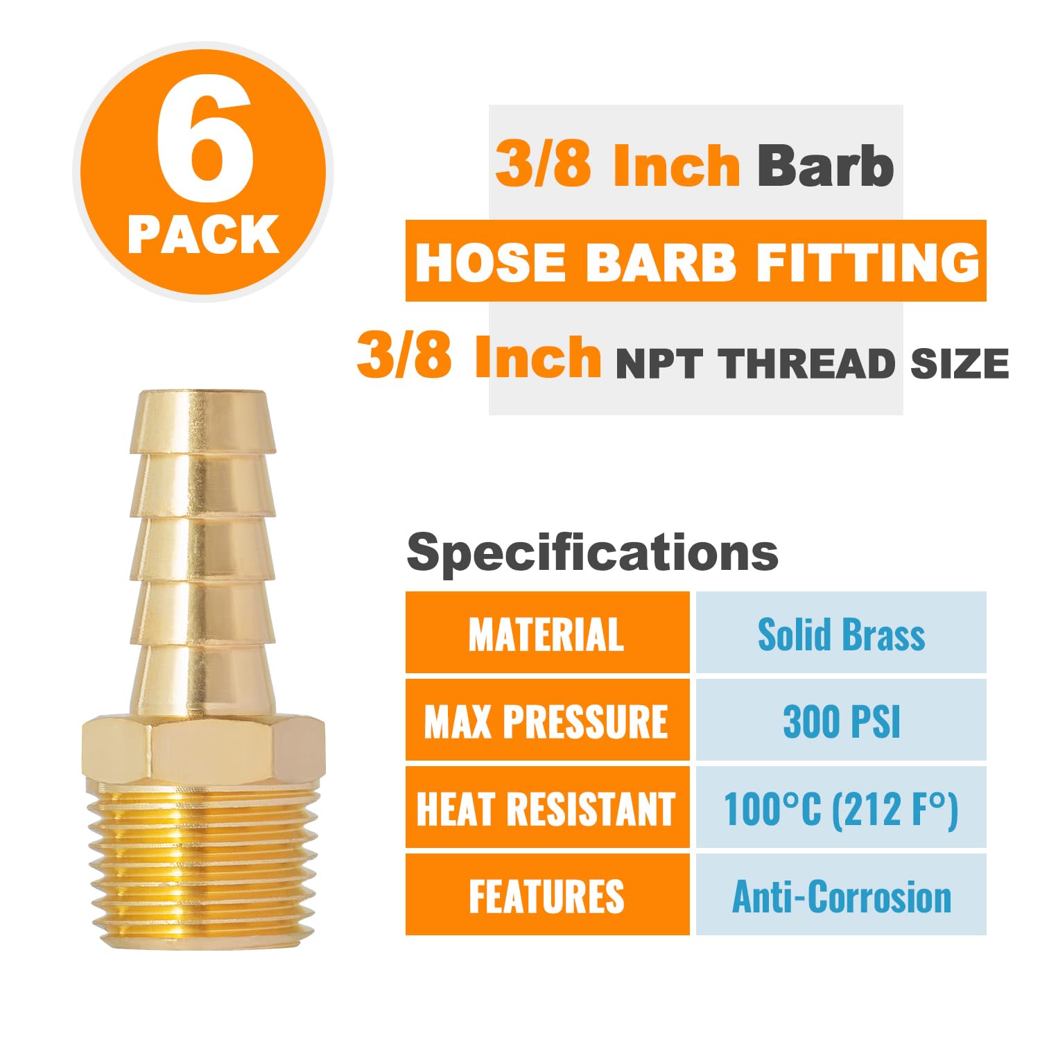 Snapklik.com : 6-Pack 3/8 Inch Hose Barb Fittings, Brass Air Hose ...