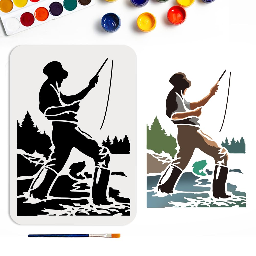 Amazon.com : MAYJOYDIY Man Fishing Stencil 11.7×8.3inch Summer Fish ...