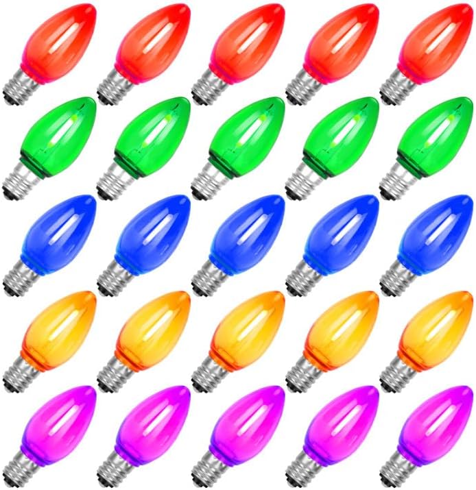 25 Pack C7 Replacement Christmas Light Bulbs, 0.6Watt C7 Multicolor ...