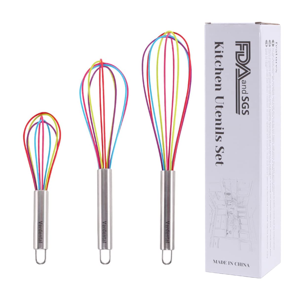Amazon.com: Verdental Multicolor Silicone Whisks Set Handle Stainless ...