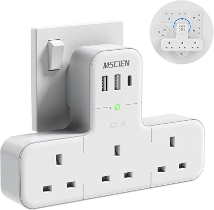 Mscien Multi Plug Adaptor, 6 in 1 Plug Extension Socket 3 Way 3 USB(3 ...