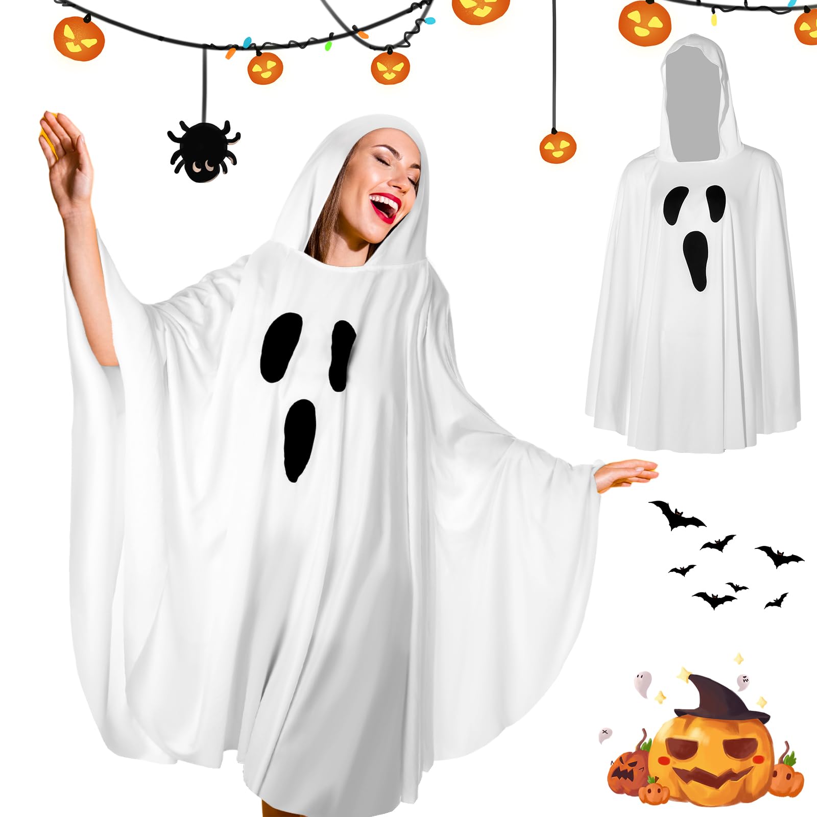 Meanplan Women Ghost Costume for Adult Halloween Hooded Ghost Poncho ...