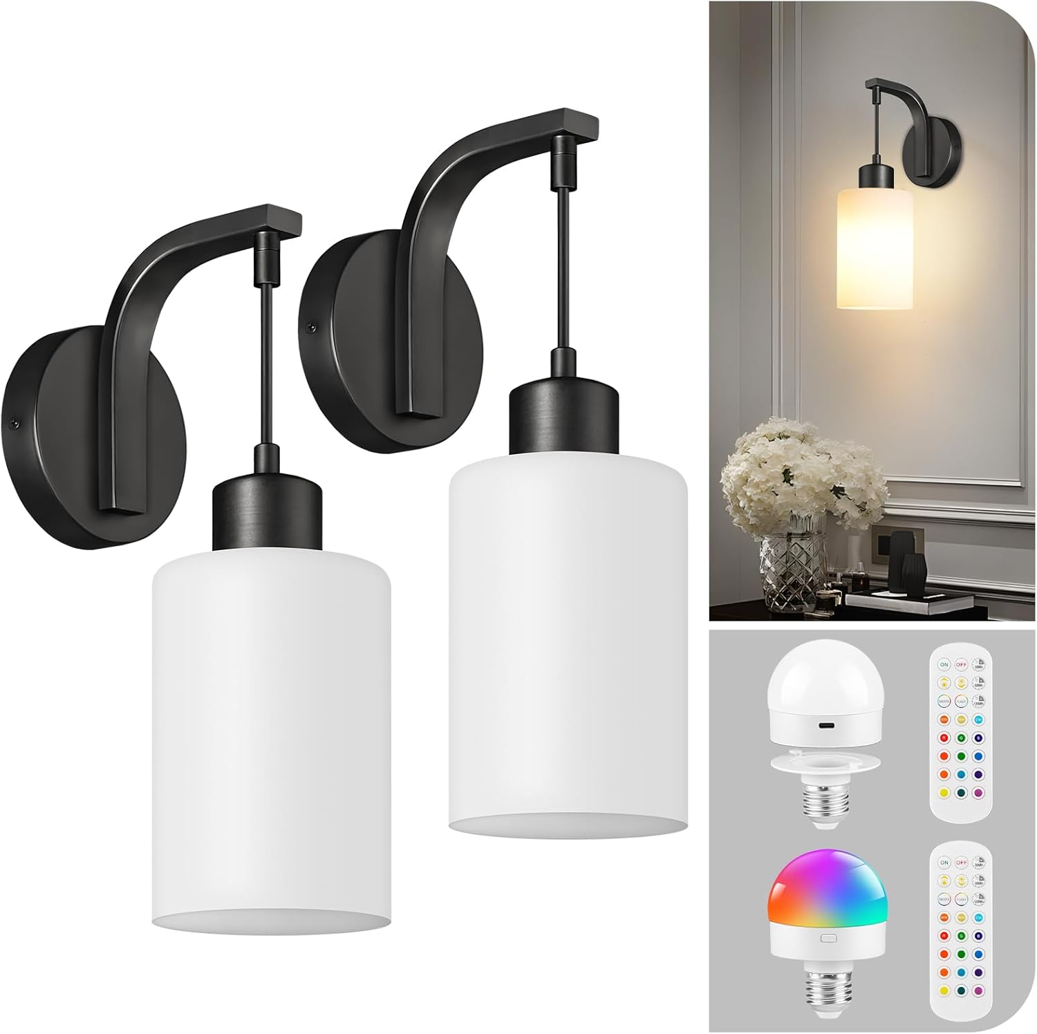 GOEBLESON Wireless Wall Sconces Battery Operated Set of 2, Mordern ...