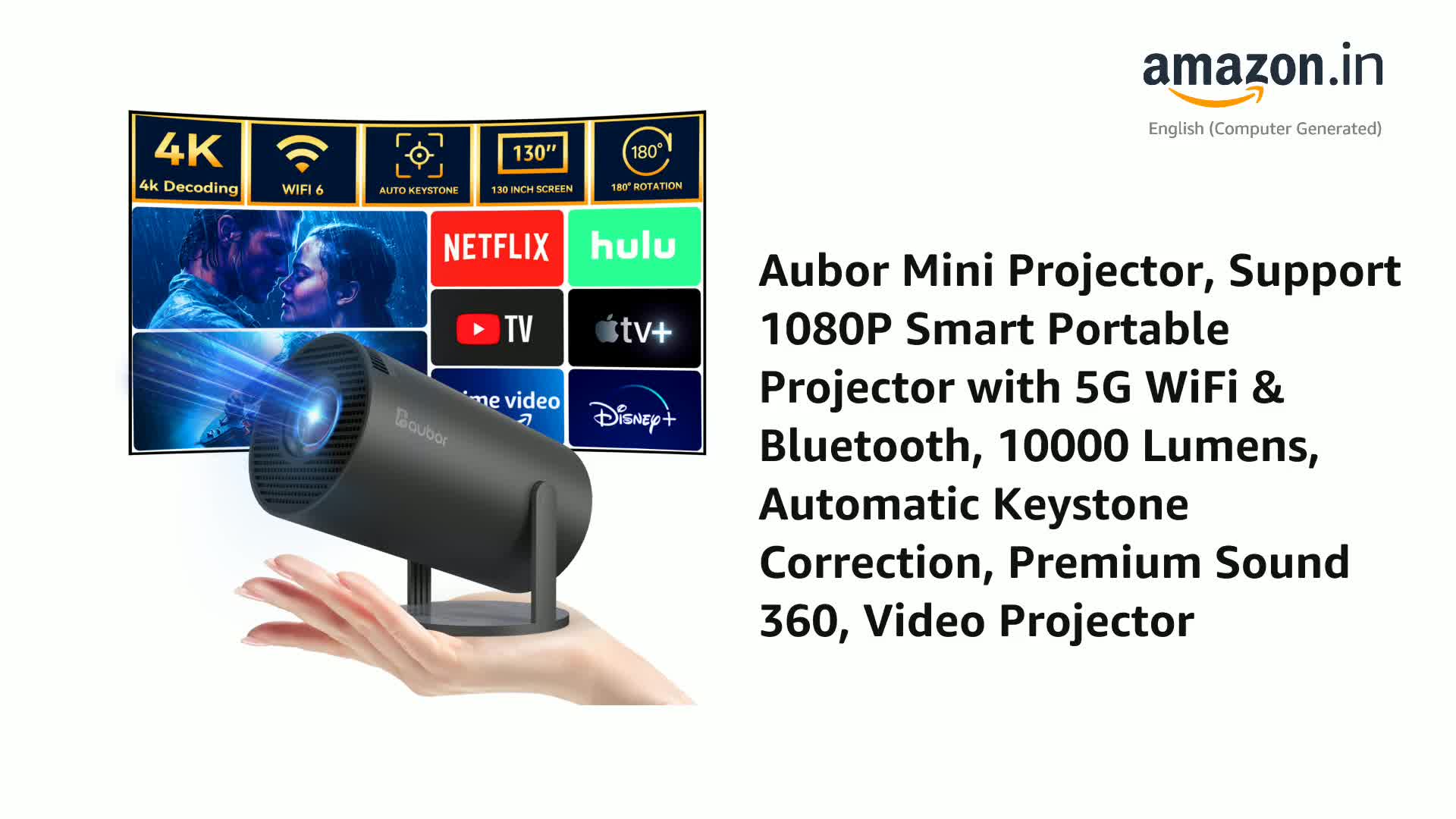 Watch Aubor Mini Projector, Support 1080P Smart Portable Projector with ...