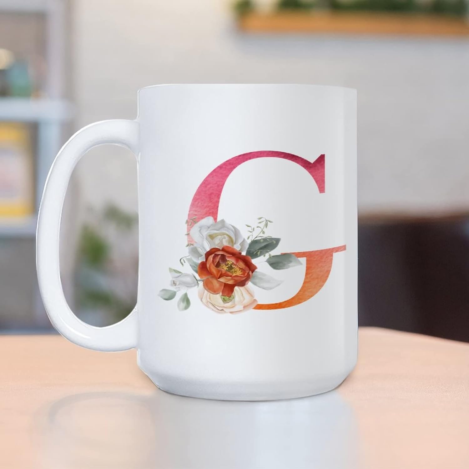 Taza de café con monograma de letra G, acuarela, rosa, flor, divertidas ...